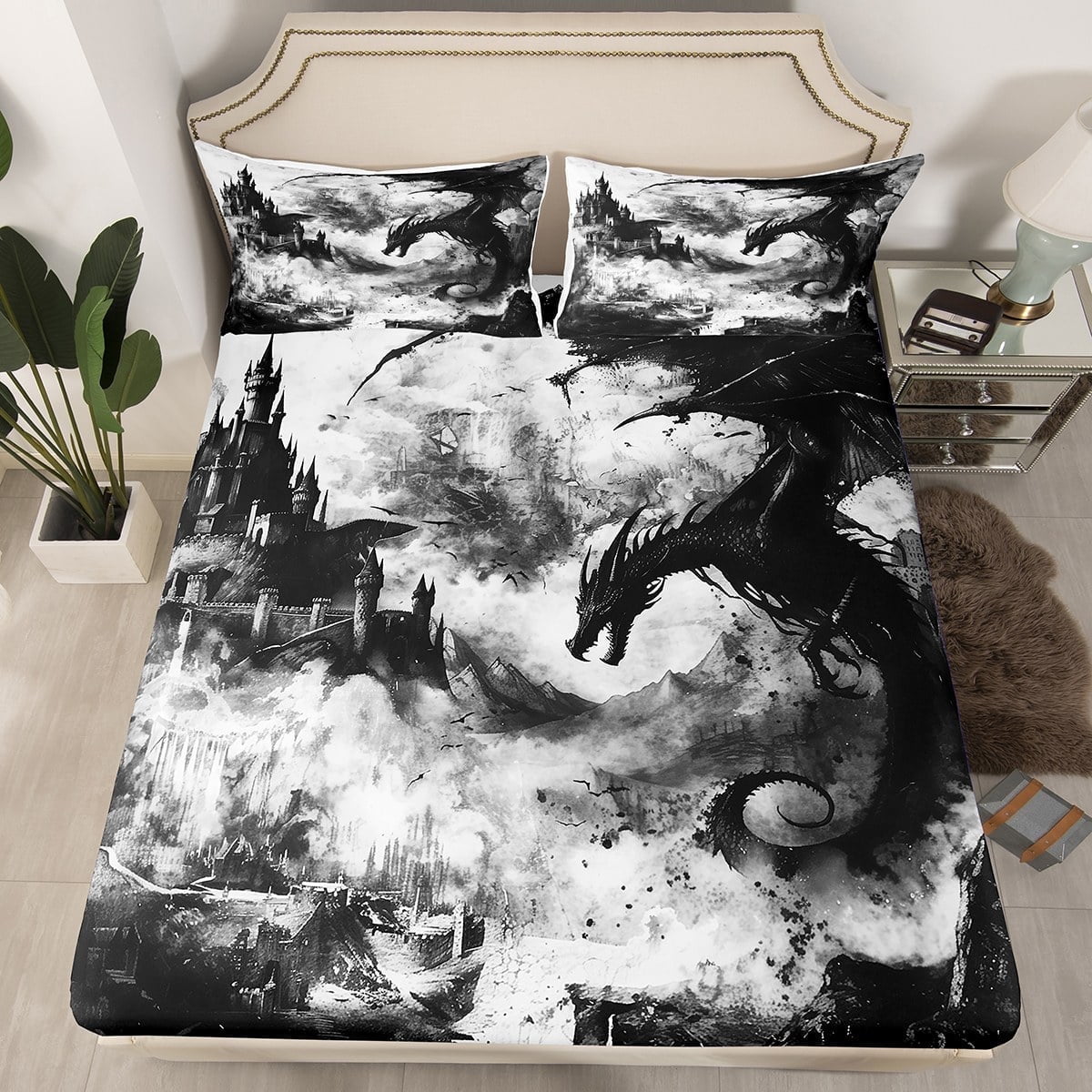 Gothic Dragon Queen Bed Sheets ,Black and White Vintage Dragon Bedding ...