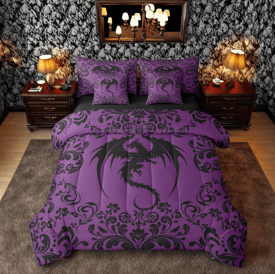 Gothic Dragon Queen Comforter Set 7 Piece Boho Goth Purple Black Damask ...