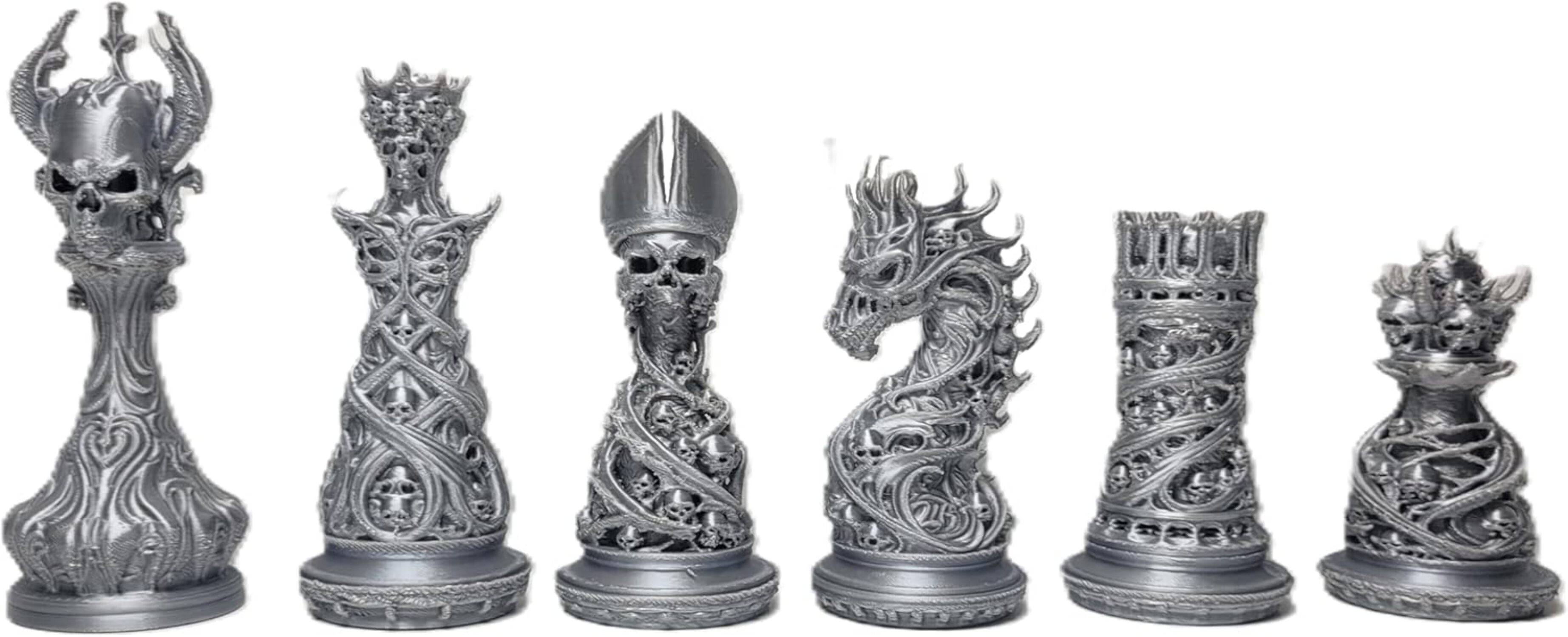 Gothic Dragon-Skull Chess Set — Silk Silver and Gold Metallic Finish 32 ...