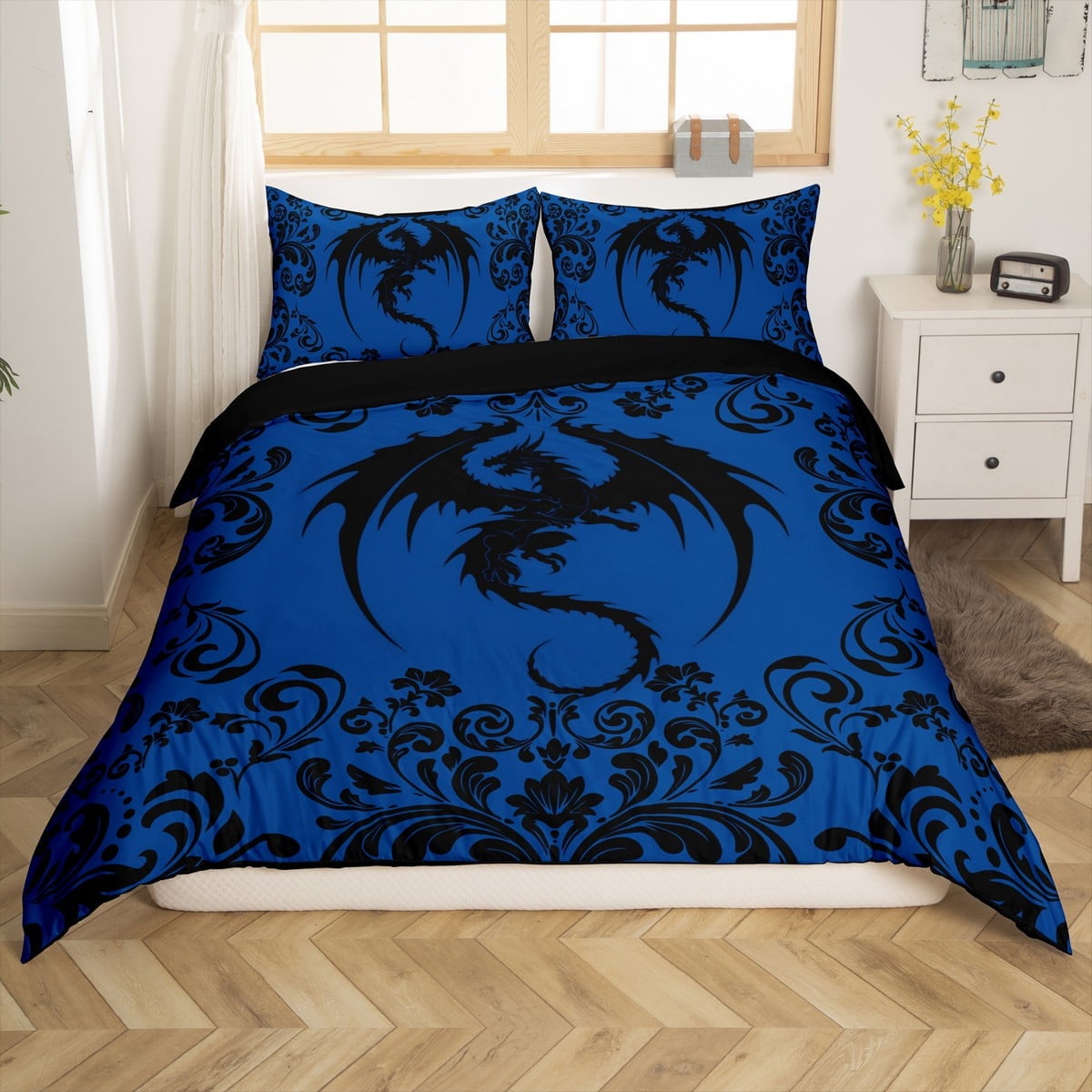 Gothic Dragon Bedding Set Boho Goth Black Blue Damask Comforter Cover ...