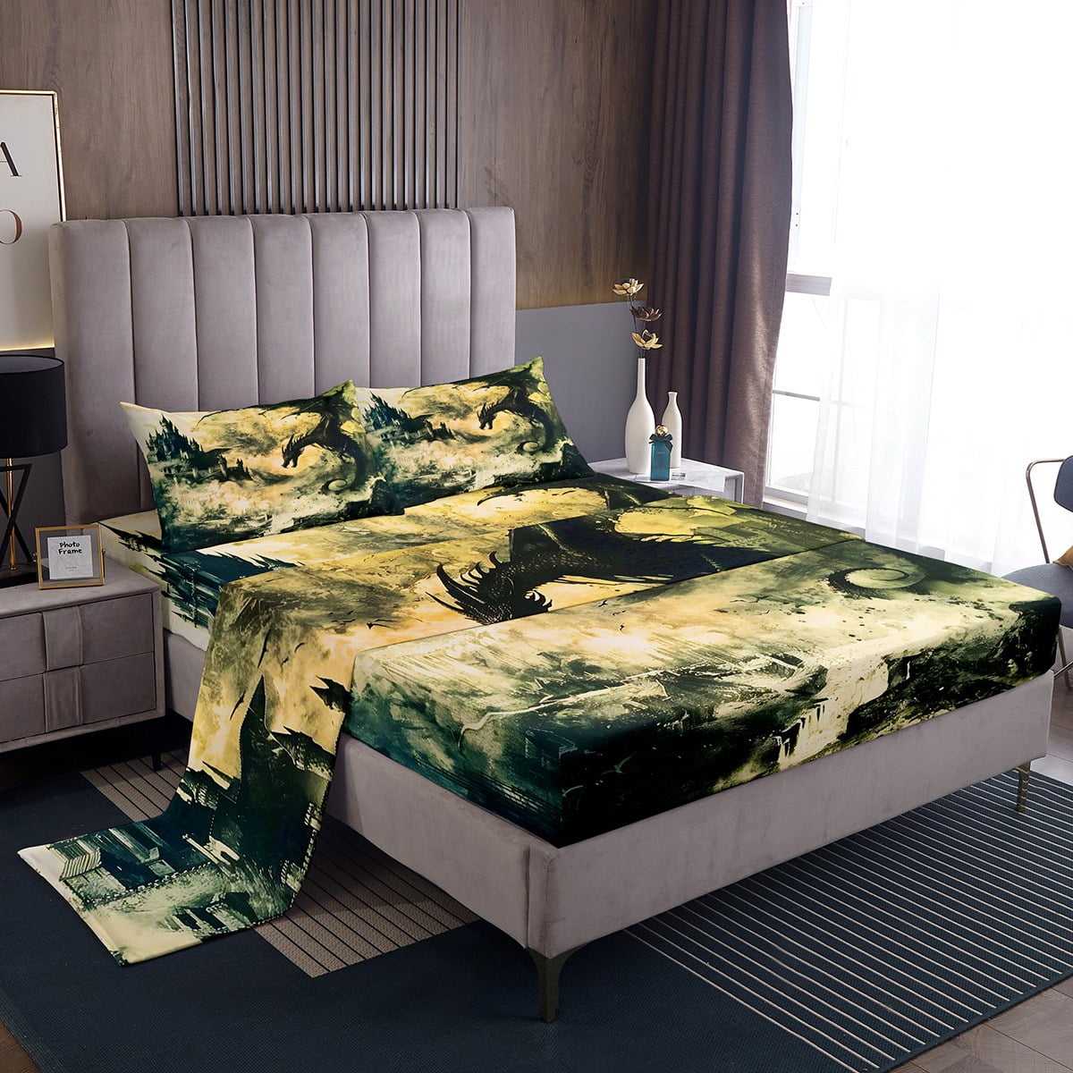Gothic Dragon Twin Sheet Set,Vintage Black Dragon Sheets Fantasy Castle ...