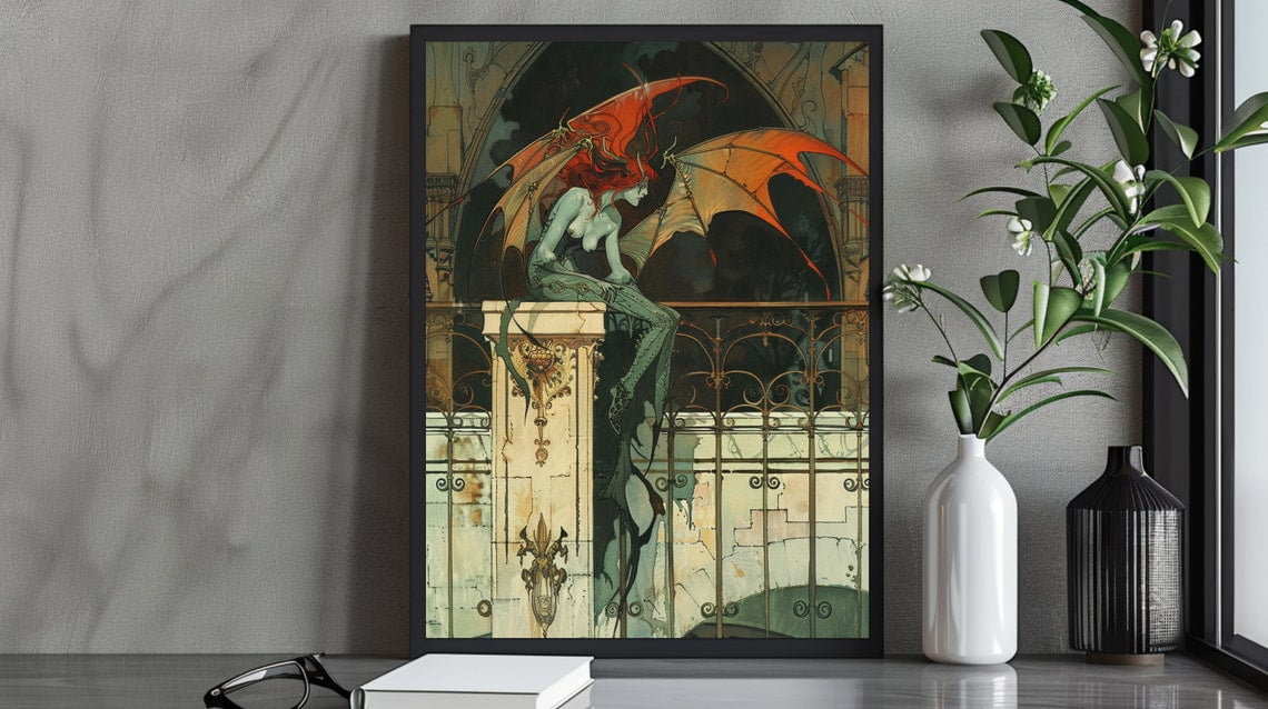 Gothic Dragon-Winged Siren Art Print, Dark Fantasy Creature On Balcony ...