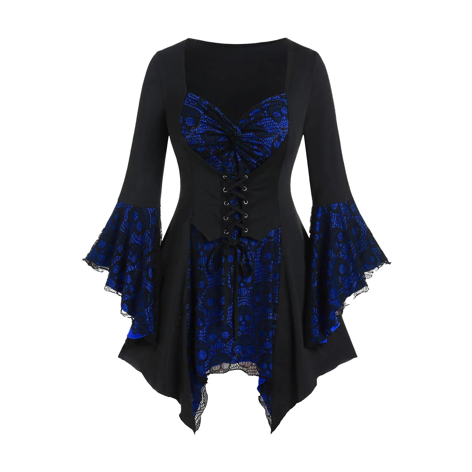 Gothic Dress for Women V Neck Pleated Floral Medieval Dress 3/4 Trumpet ...