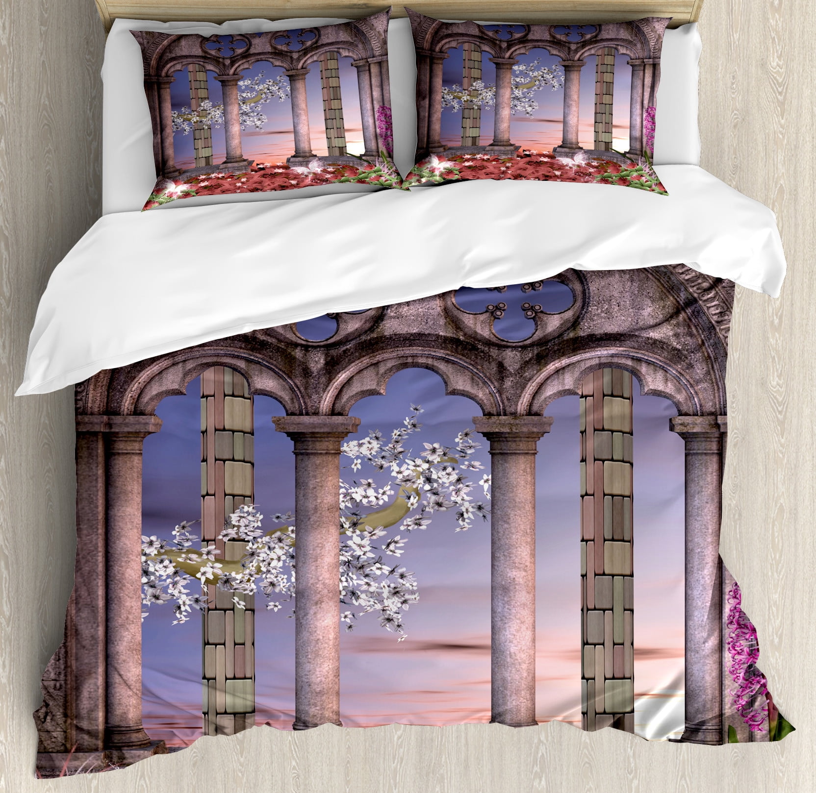 Gothic Duvet Cover Set, Colonnade in Secret Garden with Flowers at ...