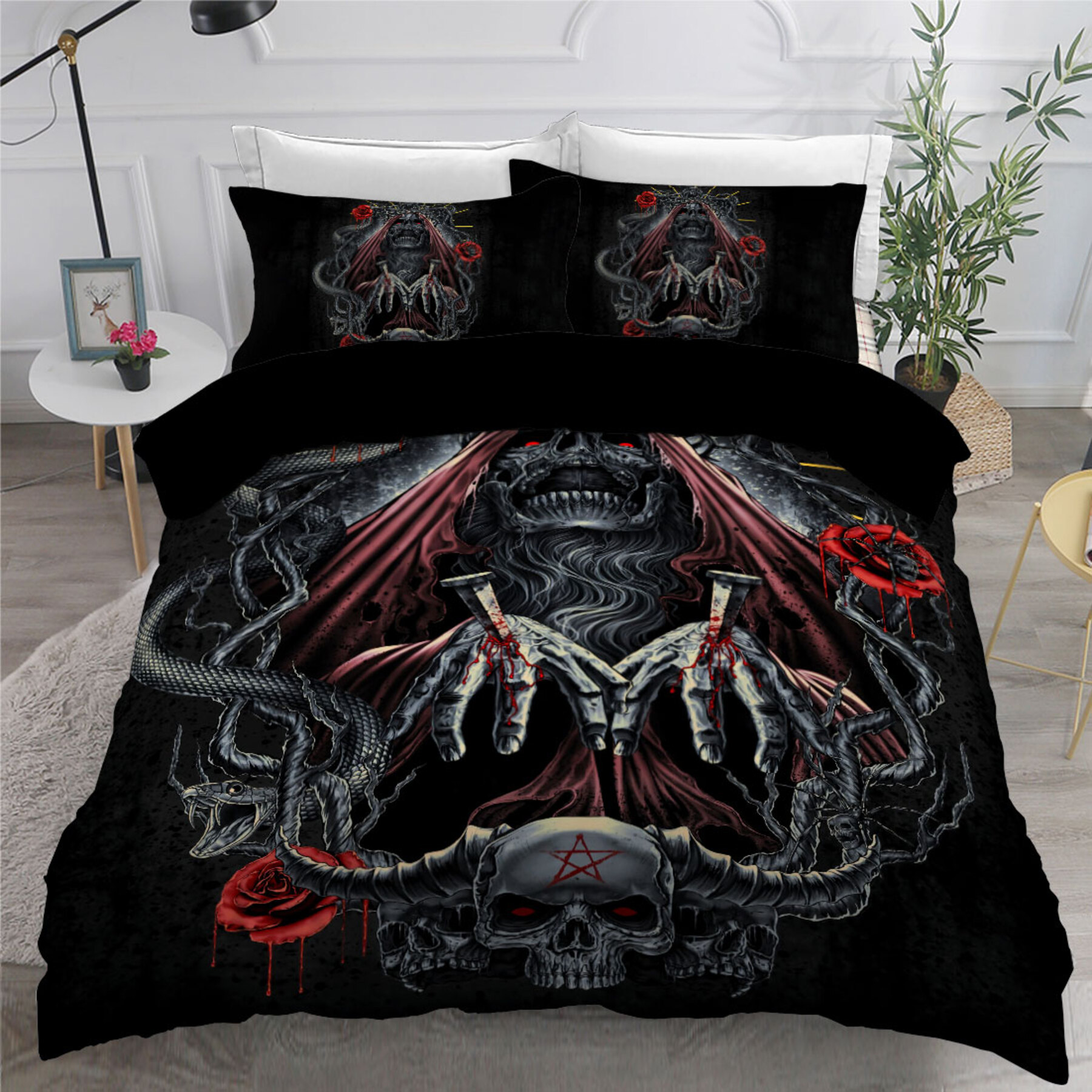 Gothic Duvet Cover Set Dark Design with Skulls & Twisted Nature ...