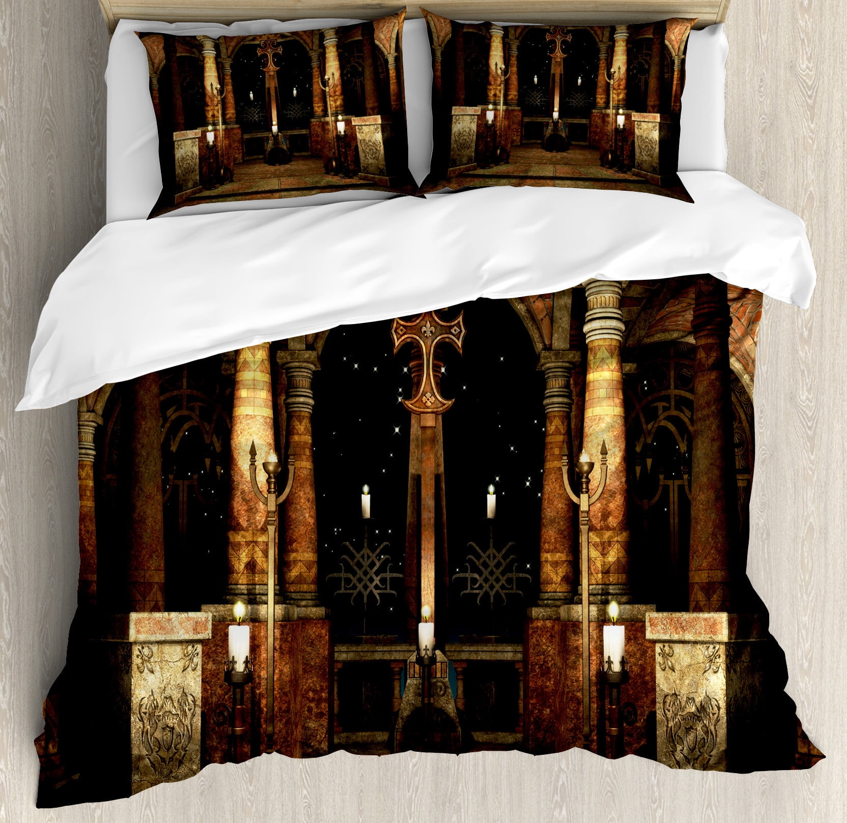 Gothic Duvet Cover Set, Dark Mystic Hall with Pillars and Dome Shrine ...