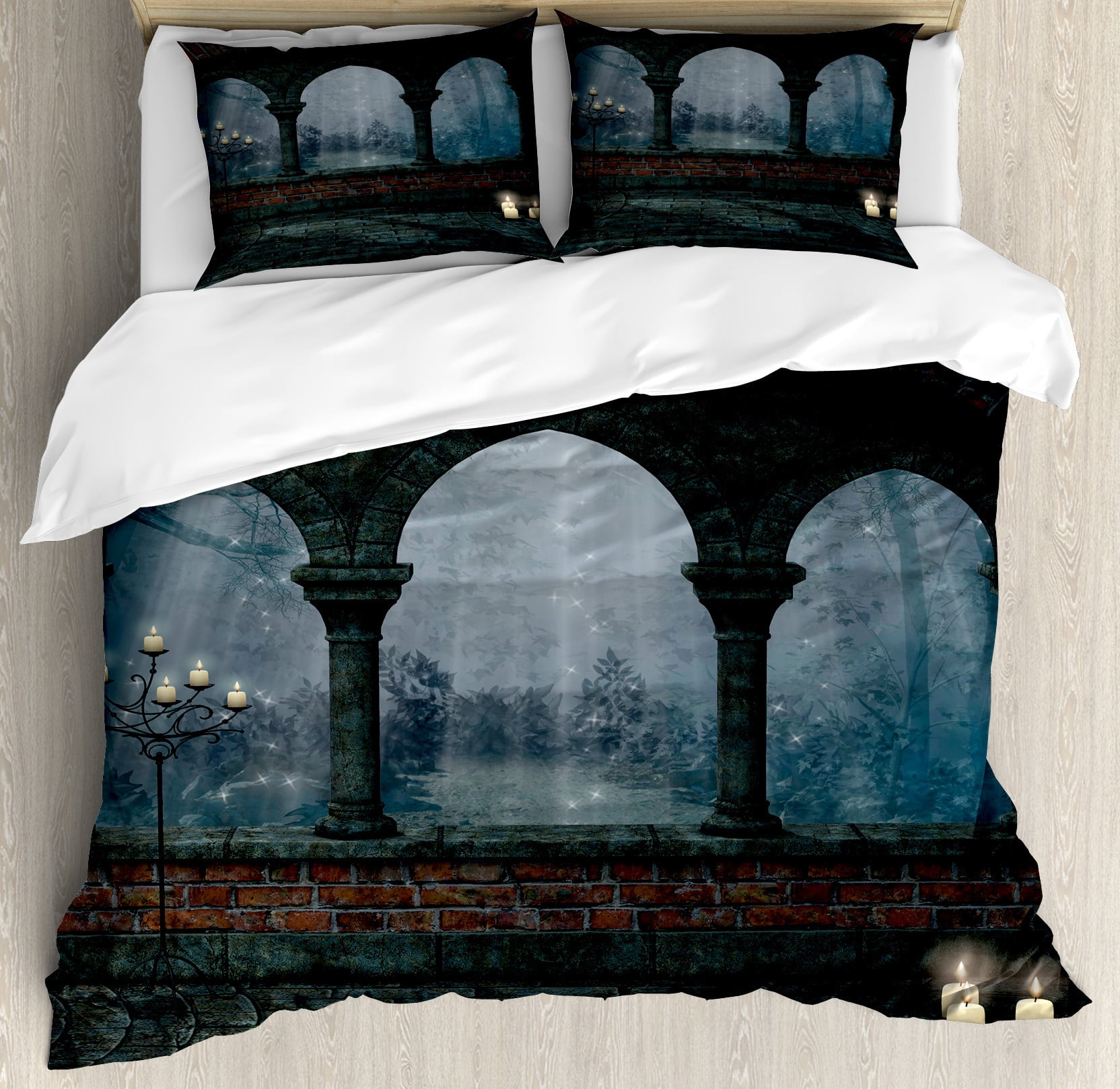 Gothic Duvet Cover Set, Medieval Castle at Night with Old Arch and ...