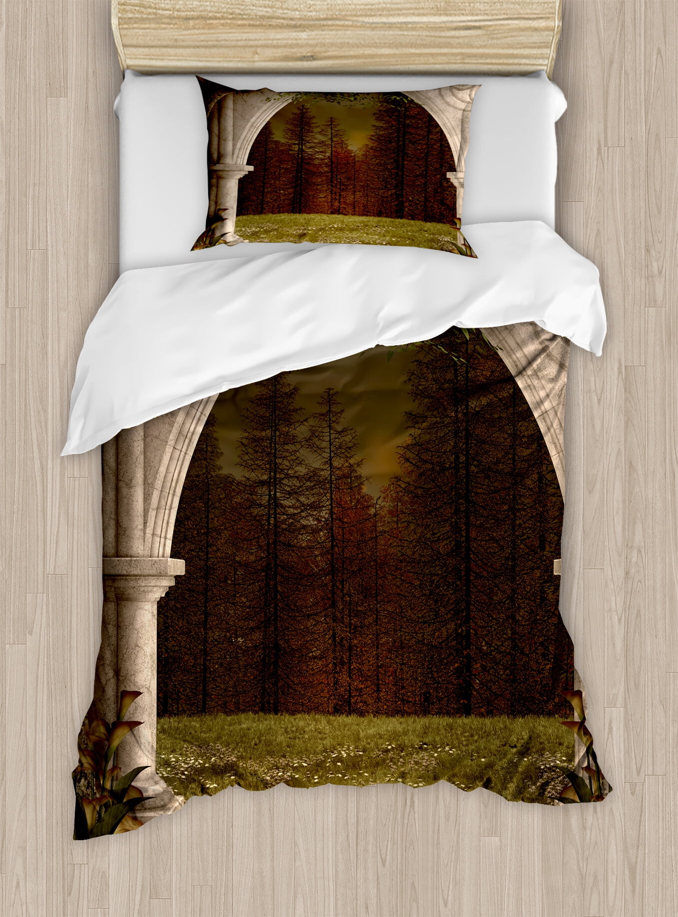 Gothic Duvet Cover Set, Old Retro Arch in the Garden Renaissance Meadow ...
