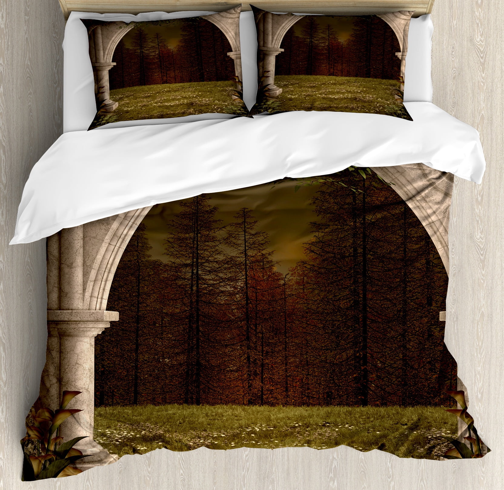 Gothic Duvet Cover Set, Old Retro Arch in the Garden Renaissance Meadow ...