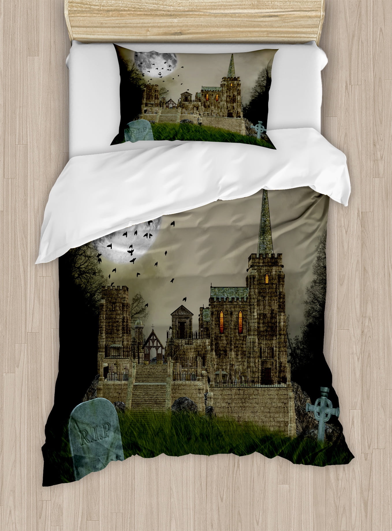 Gothic Duvet Cover Set, Old Village and Graves with Medieval Castle and ...