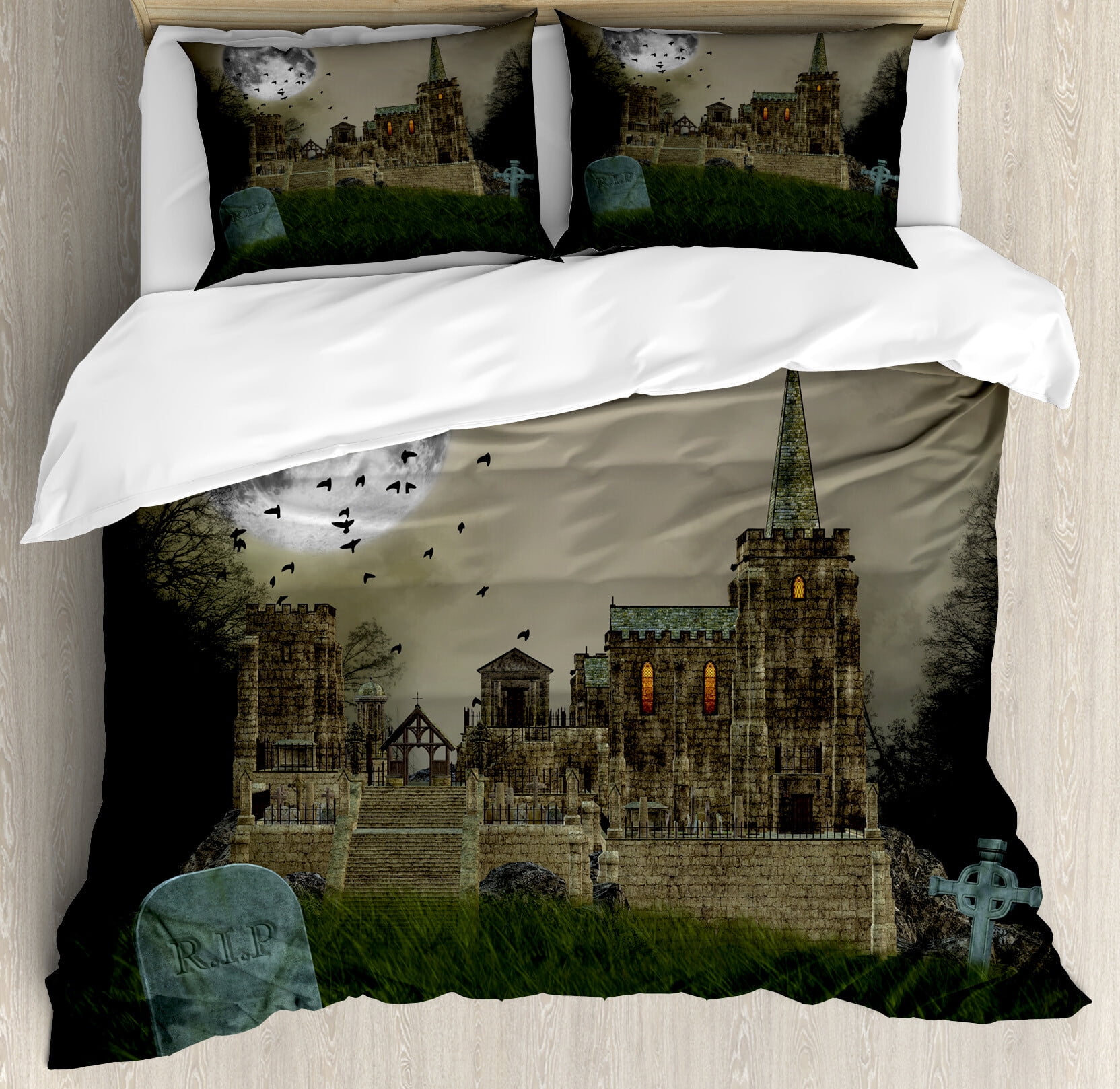 Gothic Duvet Cover Set, Old Village and Graves with Medieval Castle and ...