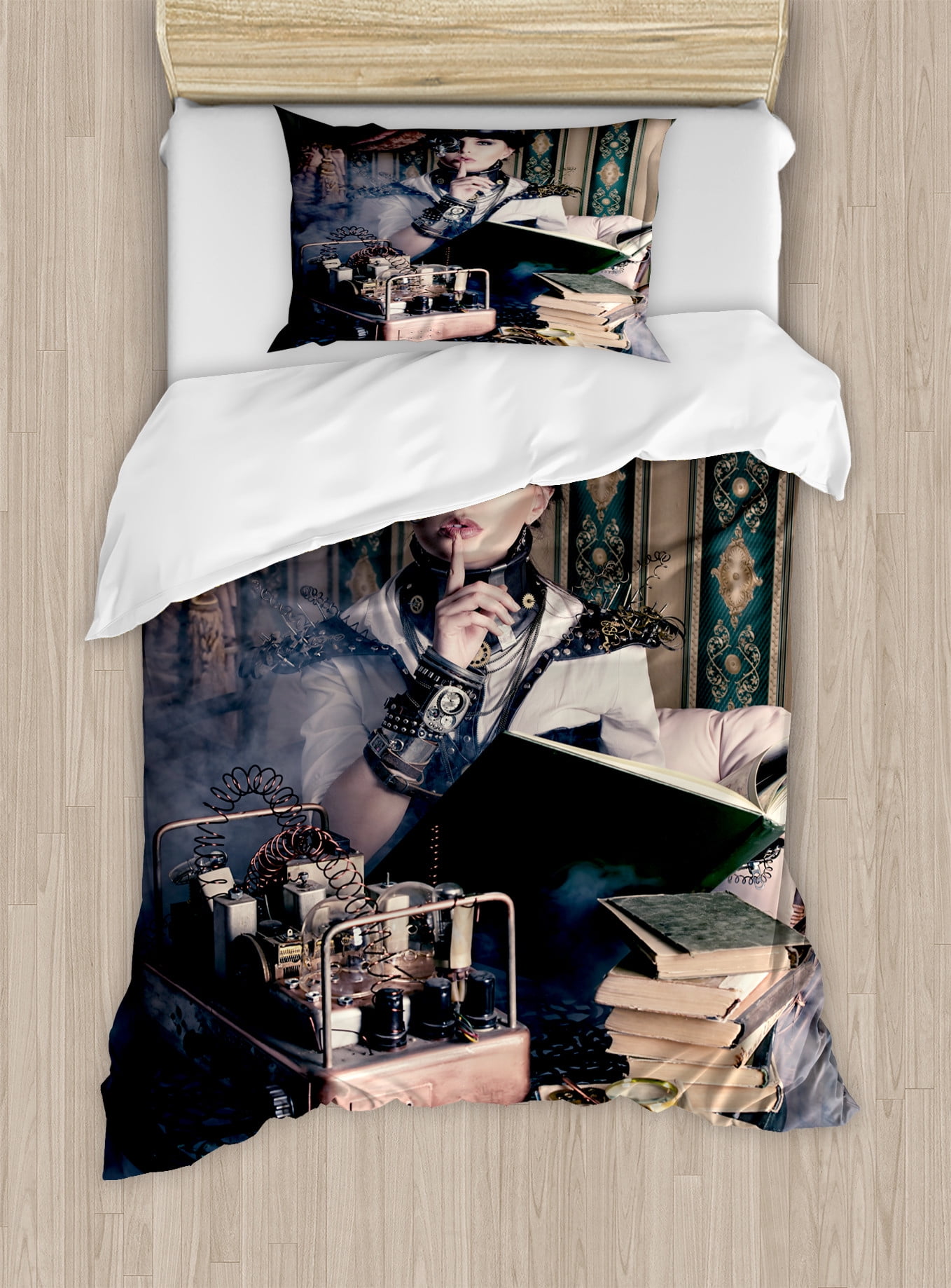 Gothic Duvet Cover Set, Portrait of Steampunk Woman with Medieval ...