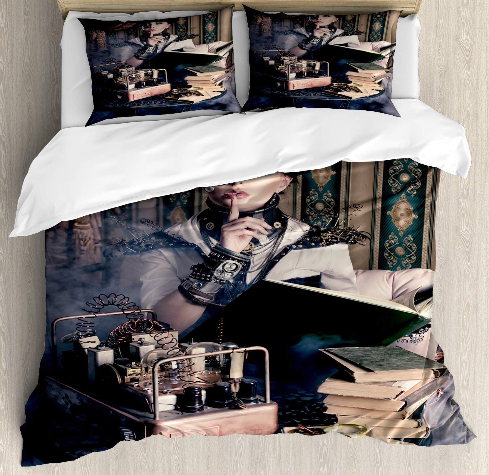 Gothic Duvet Cover Set, Portrait of Steampunk Woman with Medieval ...