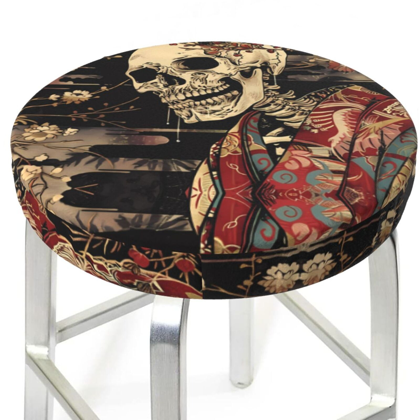 Gothic Eastern Floral Skull Round Bar Stool Covers, Soft Velvet Bar ...