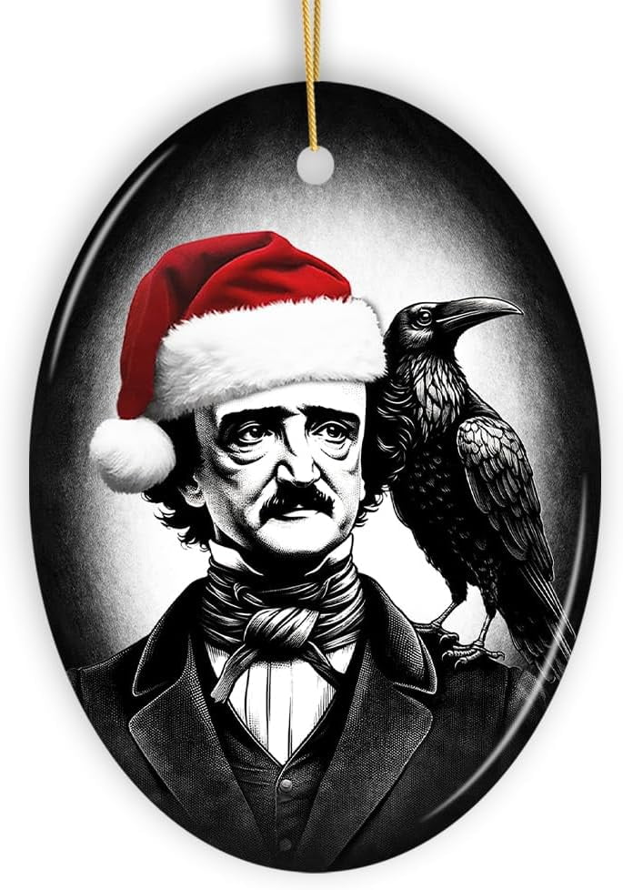 Gothic Edgar Allan Poe with Santa Hat and Raven Ornament, Spooky ...