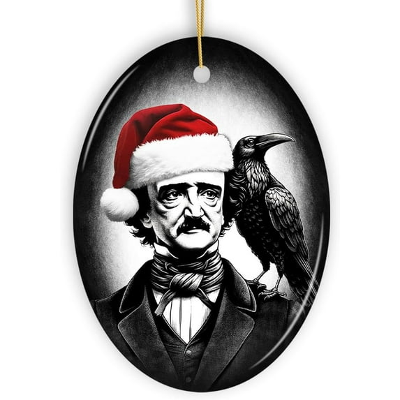 Gothic Edgar Allan Poe with Santa Hat and Raven Ornament, Spooky ...