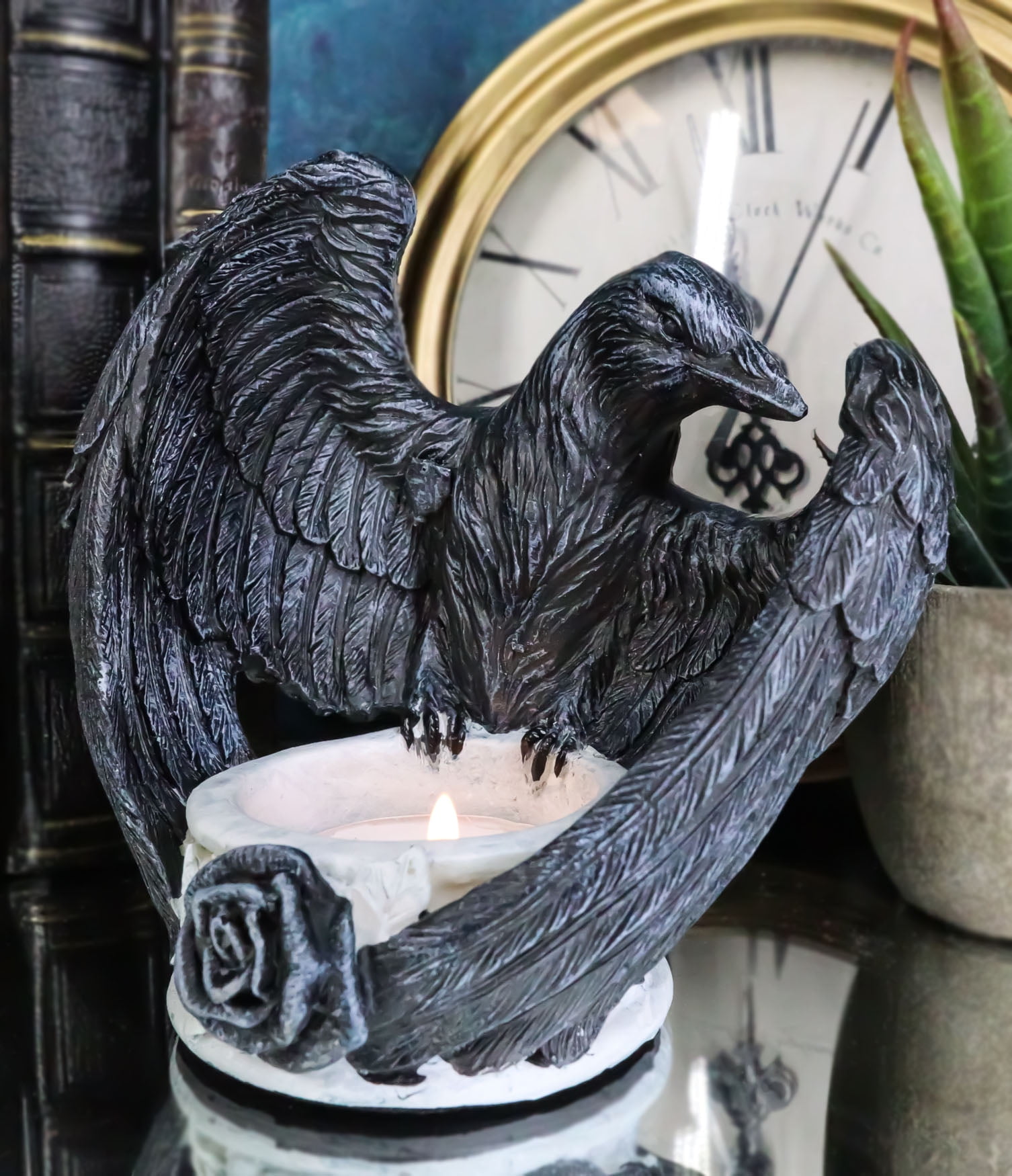 Gothic Edgar Poe Nevermore Raven Ward Black Rose Resin Tea Light Candle ...