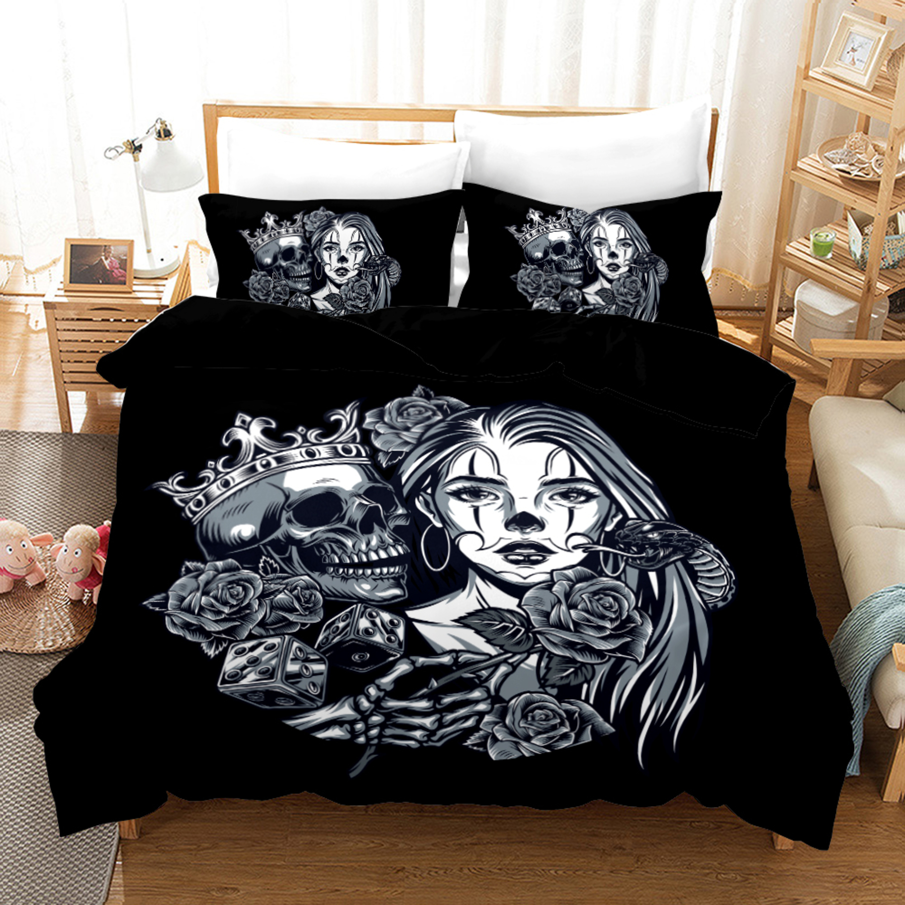 Gothic Elegance Black Duvet Cover Set with Crowned & Rose Woman Design ...