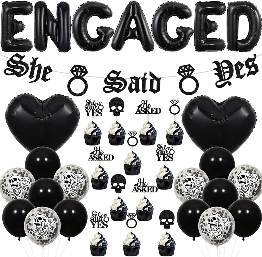 Gothic Engagement Party Decorations Black, Engaged Balloons, He Asked ...