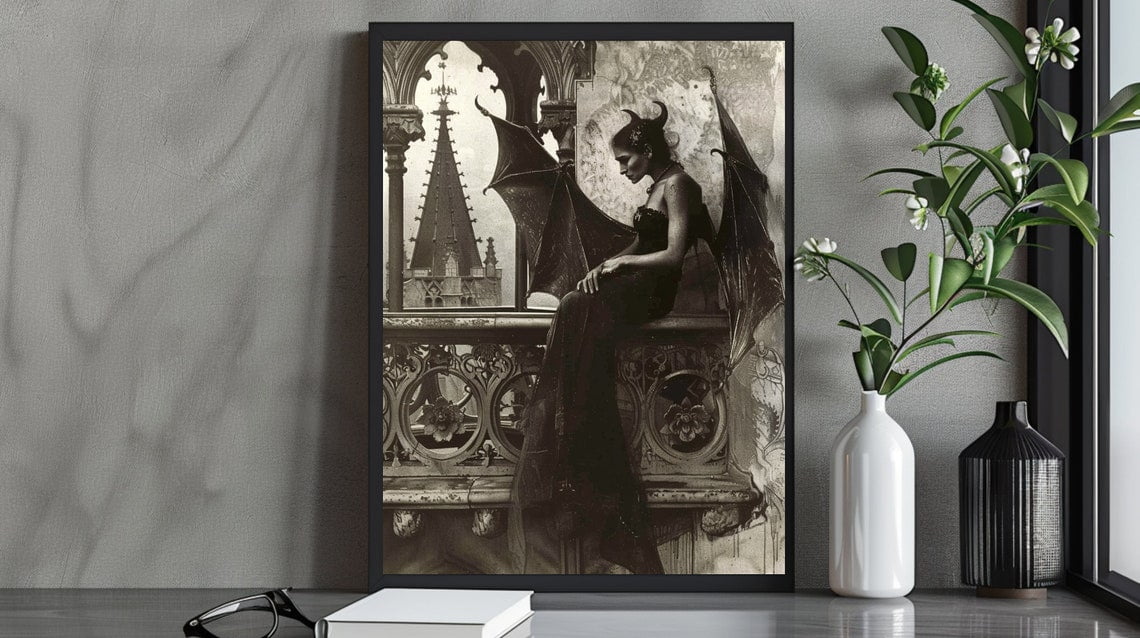 Gothic Fantasy Art Print Dark Winged Demon Woman On Gothic Balcony ...