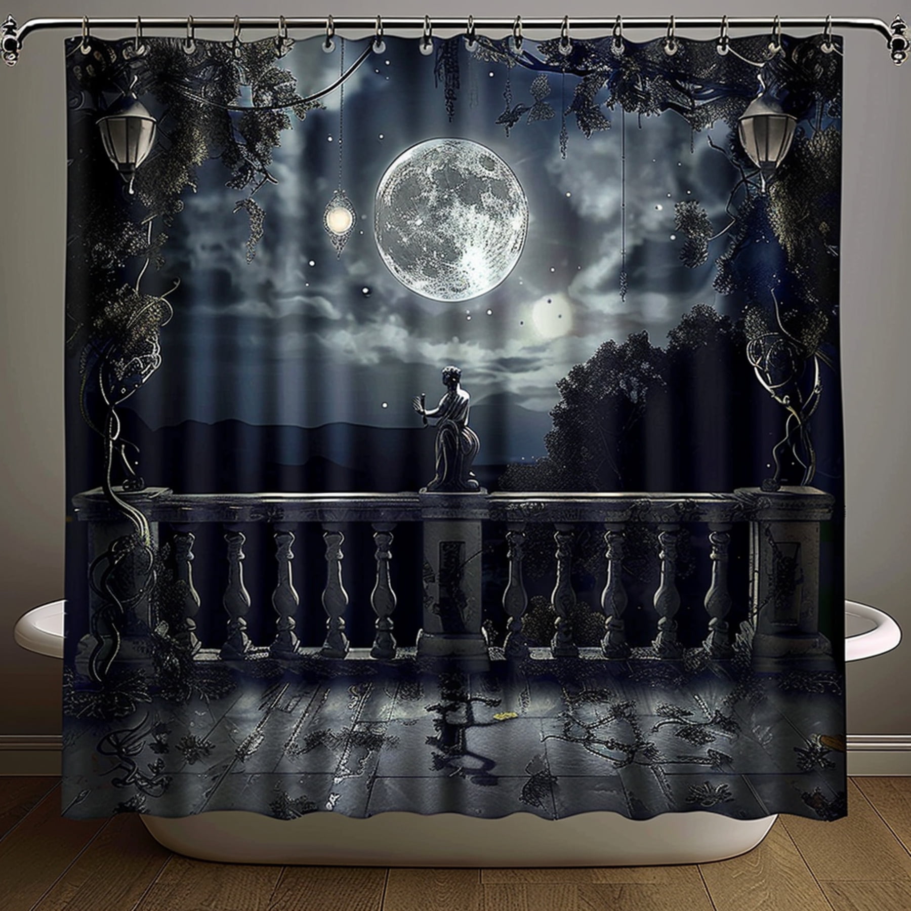 Gothic Fantasy Balcony Shower Curtain Hyper Realistic Full Moon Night ...