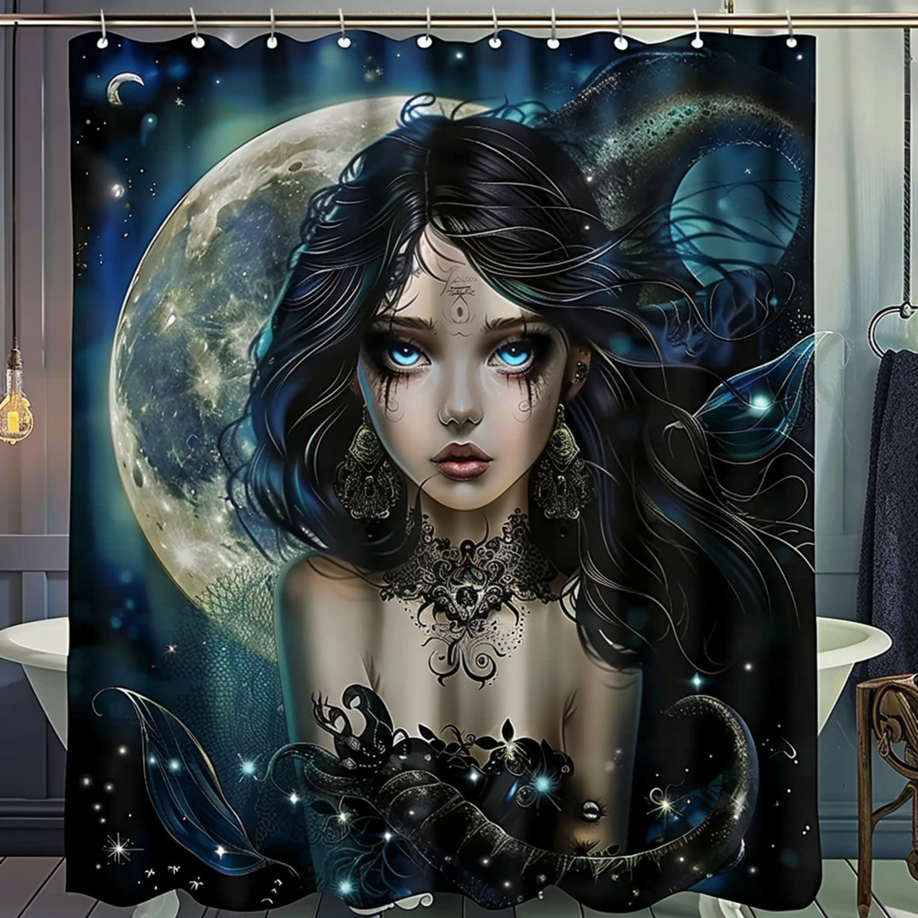 Gothic Fantasy Mermaid Shower Curtain Artgerm Style Moon Background ...