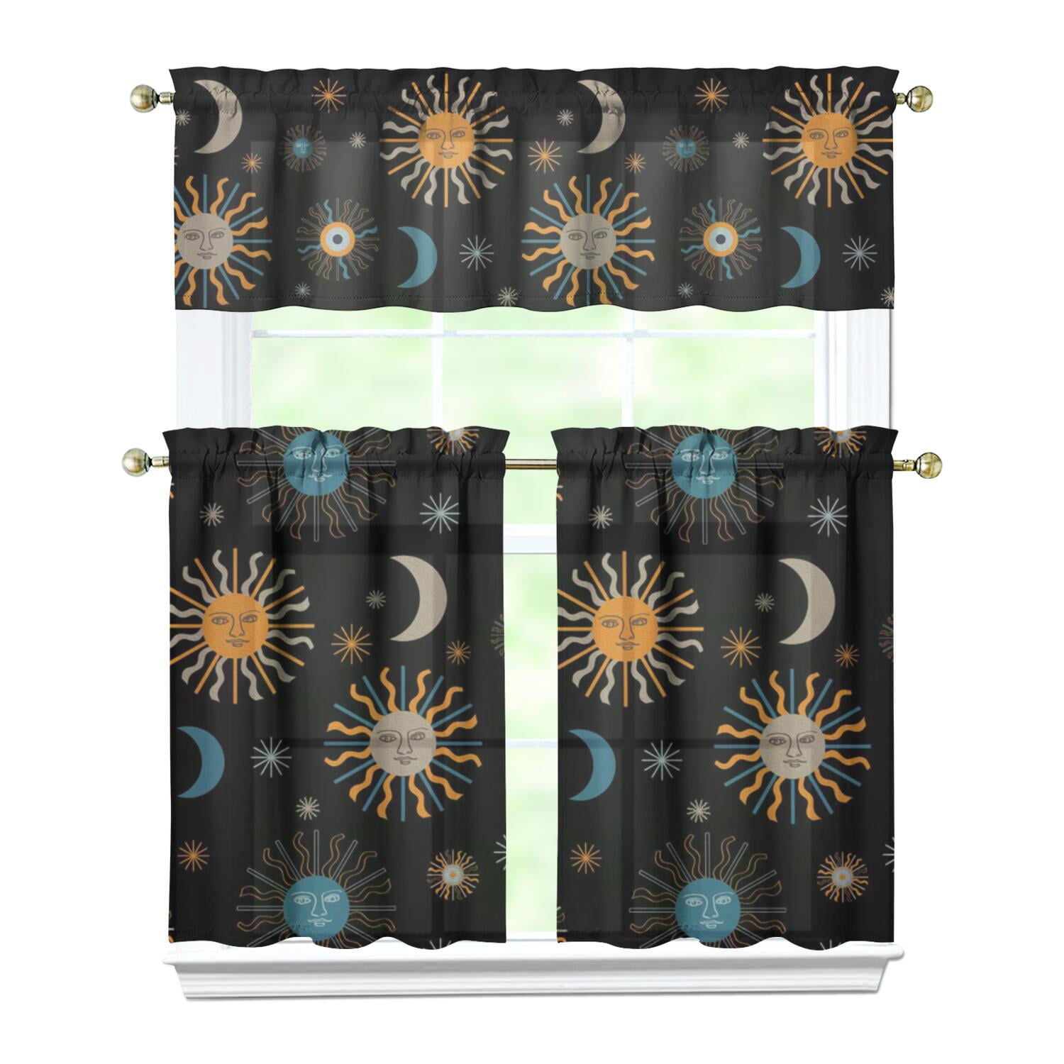 Gothic Farmhouse Kitchen Curtains Set - Black Starry Night Tier Panels ...