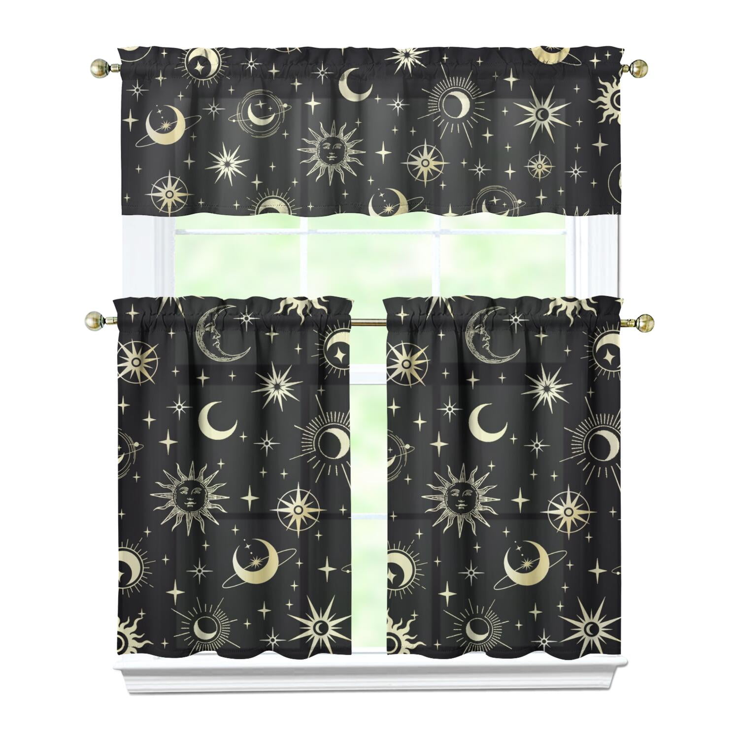 Gothic Farmhouse Kitchen Curtains Set - Black Starry Night Tier Panels ...