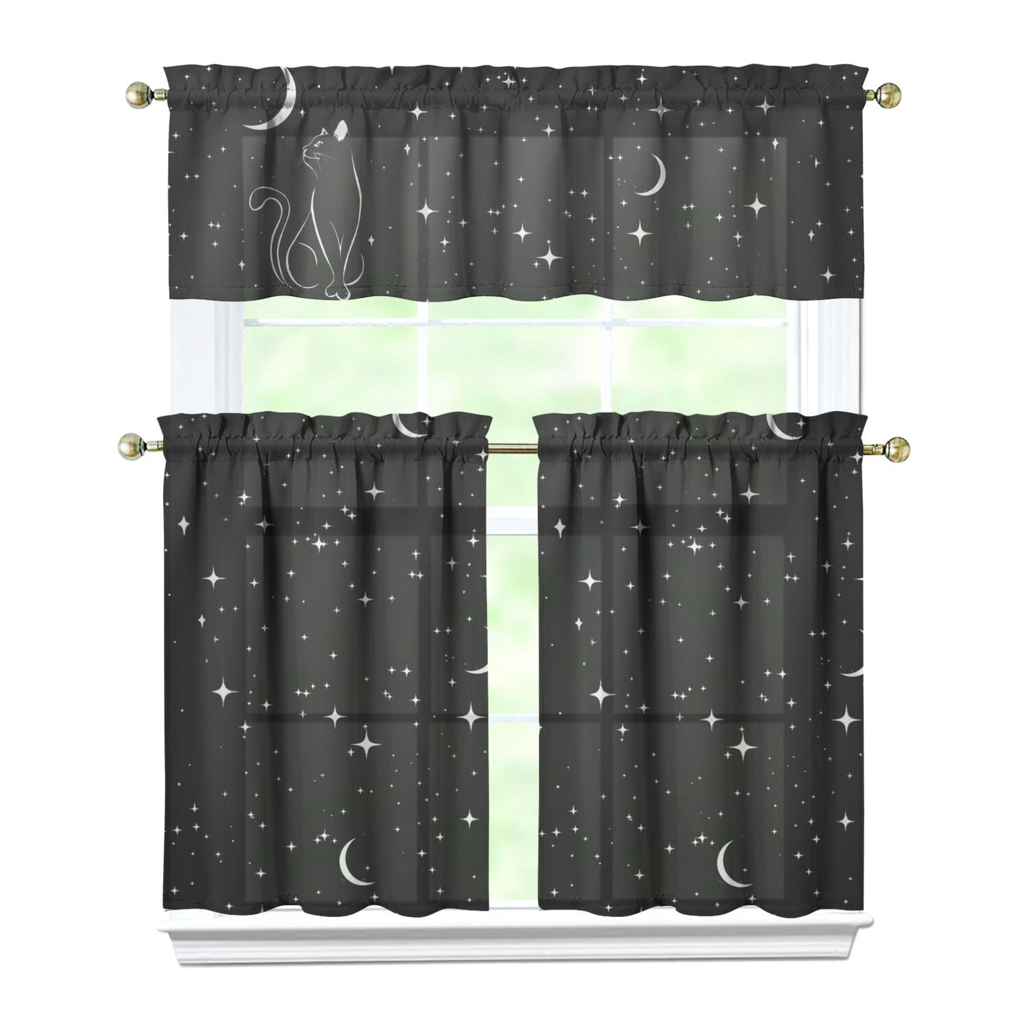 Gothic Farmhouse Kitchen Curtains Set - Black Starry Night Tier Panels ...