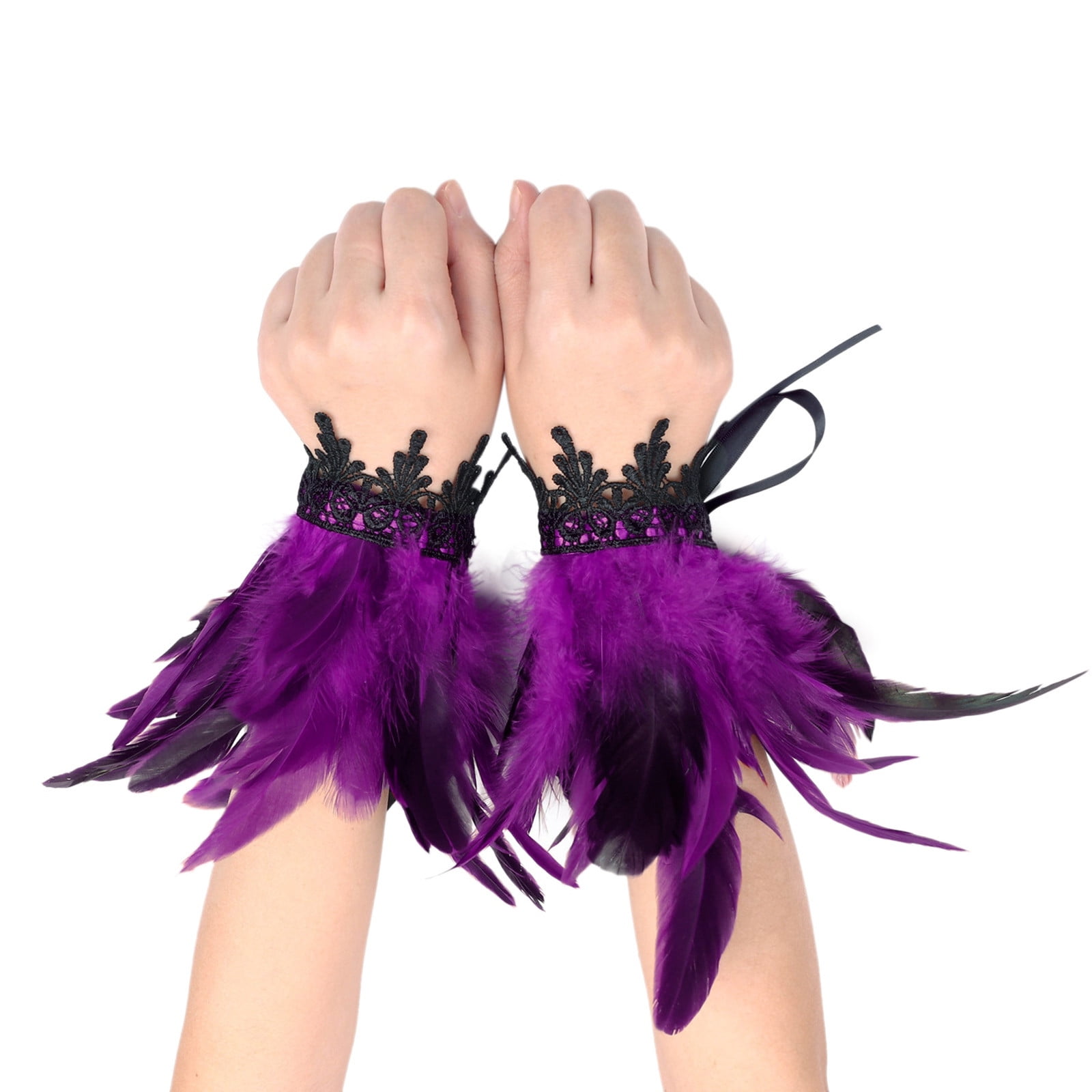 Gothic Feather Wrist Hand Accessory Boho Style Lace Gloves Mittens for ...