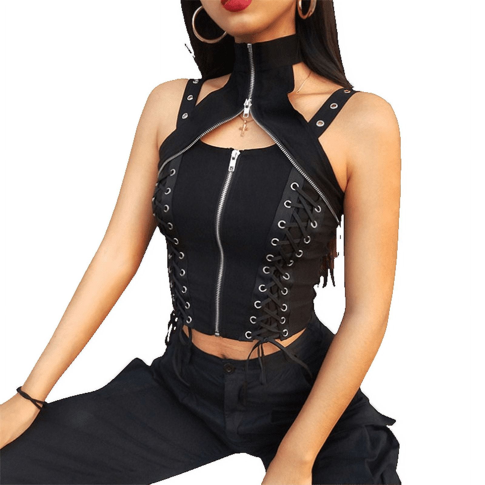 Gothic Fitness Tank Top - Halter Zipper Choker Under Bust Bandage Crop ...
