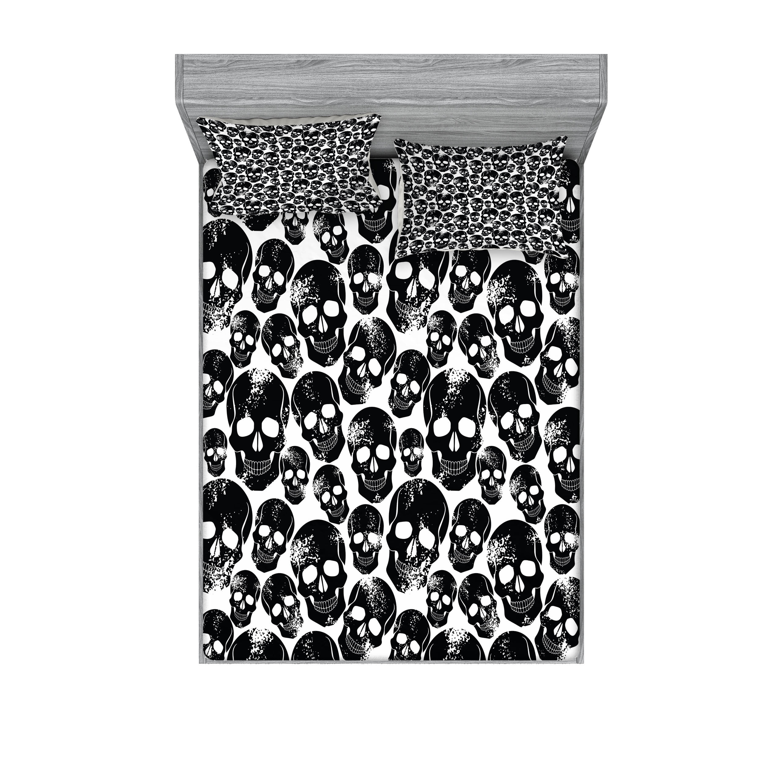 Gothic Fitted Sheet & Pillow Sham Set, Grunge Black Human Skulls on ...