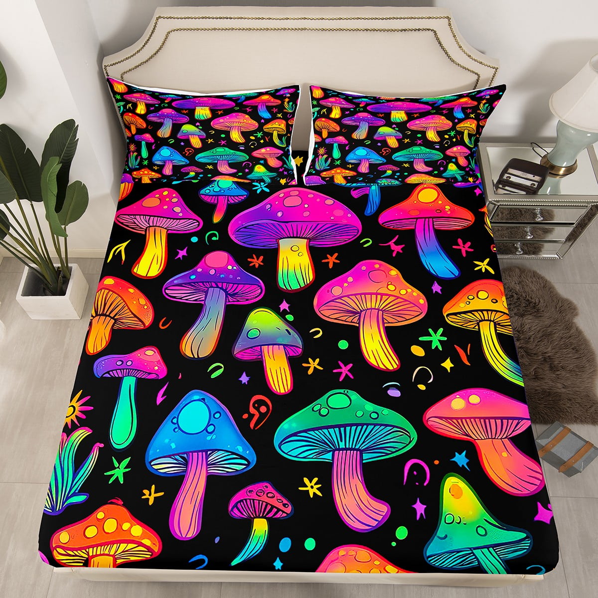 Gothic Fitted Sheet Rainbow Mushroom Bed Sheets Twin,Watercolor Plant ...