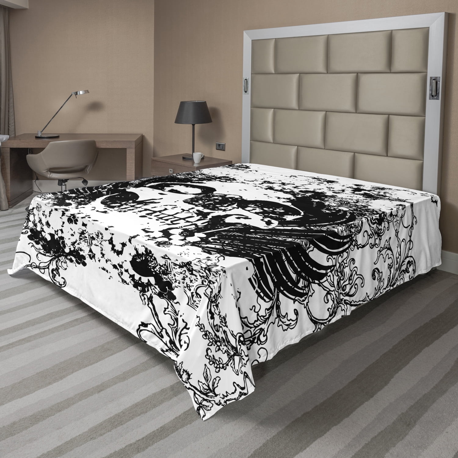 Gothic Flat Sheet, Scary Skull in Grunge Sketch Dead Themed Dark Horror ...