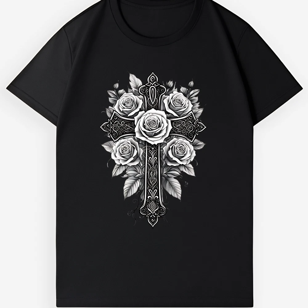 Gothic Floral Cross and Roses Graphic T-Shirt, Men's Vintage Religious ...