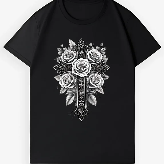 Gothic Floral Cross and Roses Graphic T-Shirt, Men's Vintage Religious ...
