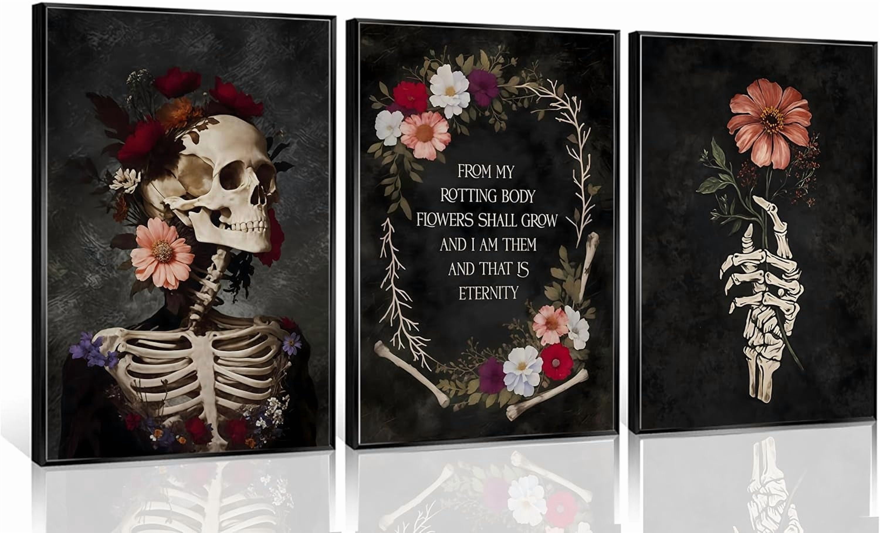 Gothic Floral Skull Canvas Wall Art Romantic Bone and Bloom Posters ...