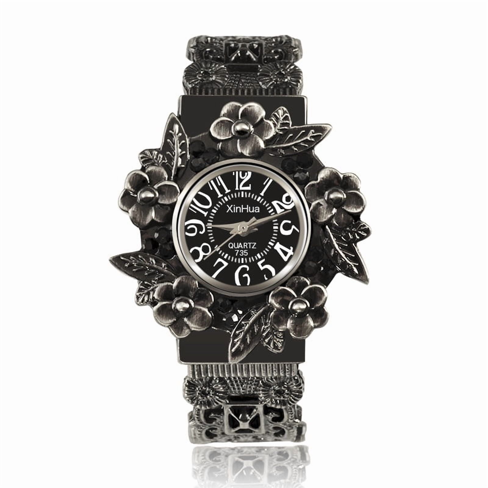 Gothic Floral Watch Sleek Black Dial Intricate Silver Details Edgy ...