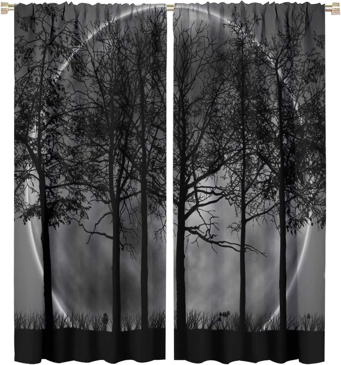Gothic Forest Curtains, Black Tree Forest Window Treatments Spooky Moon ...