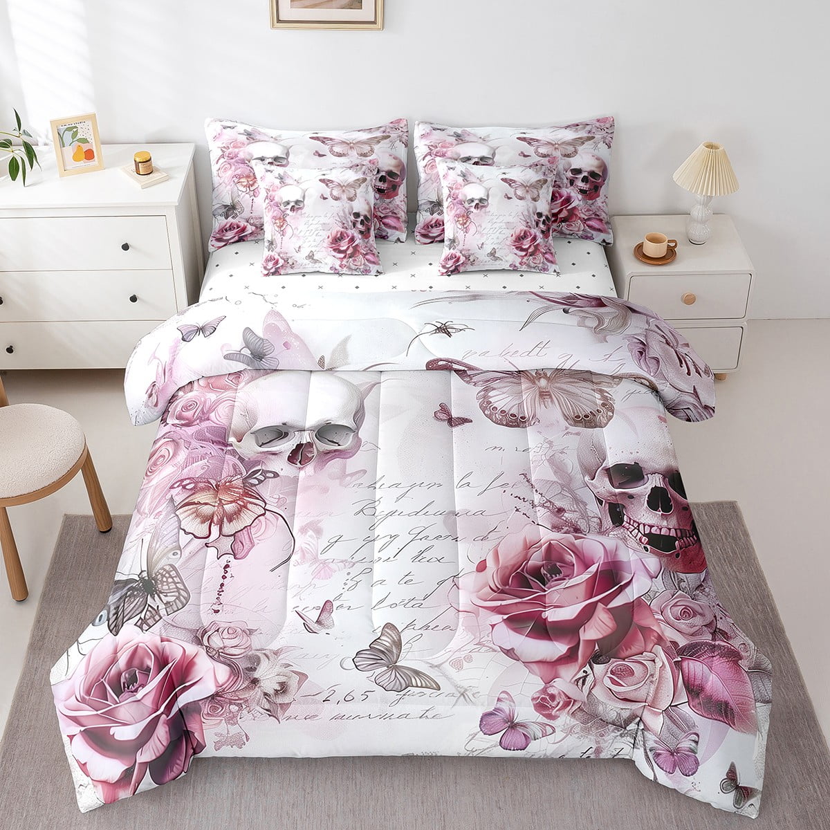 Gothic Full Comforter Set 7 Piece,Rose Skull Bedding Set Hippie ...