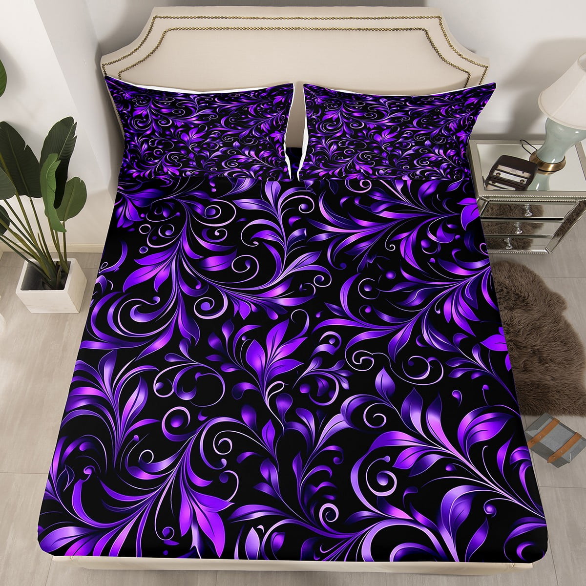Gothic Full Fitted Sheets Black Purple Damask Goth Bed Sheets For ...