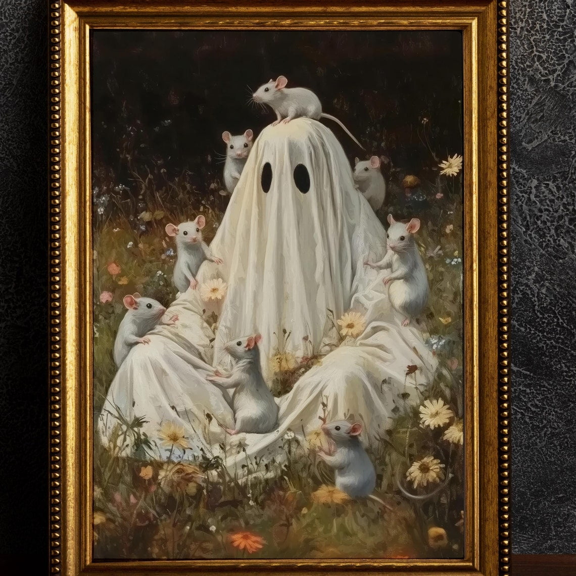 Gothic Ghost Plays With Rats In A Field Of Flowers, Botanical Vintage ...