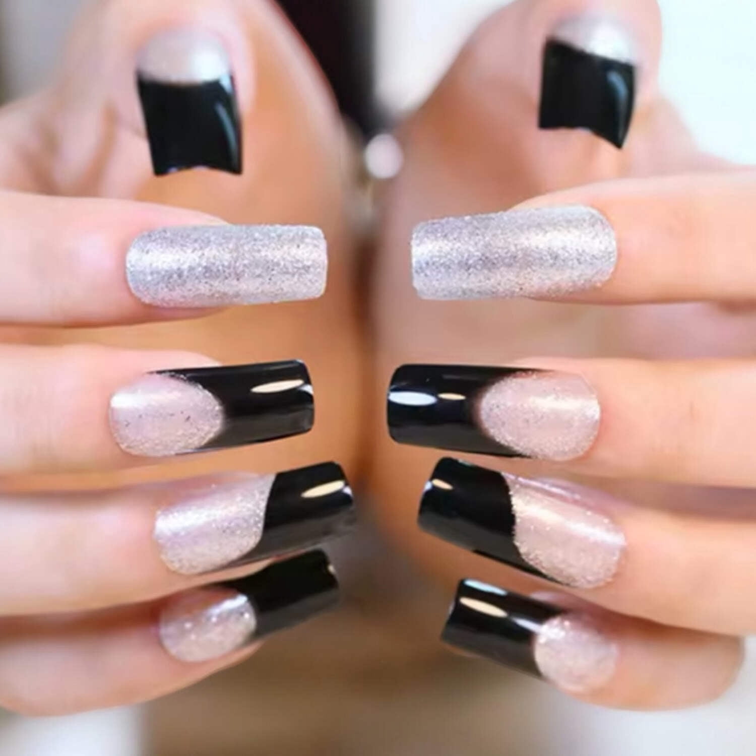 Gothic Glamour, Silver Glitter Black French Press On Nails, Extra Long ...