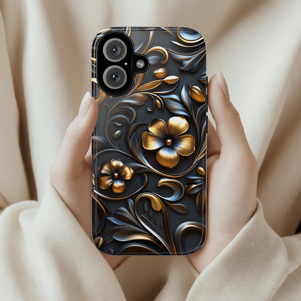 Gothic Gold Black Floral Dark Night Phone Case with iPhone 17 to 11 Pro ...