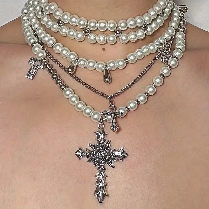 Gothic Goth Punk, Rave, Party Pearl Multi-Layer Stack Cross Choker ...