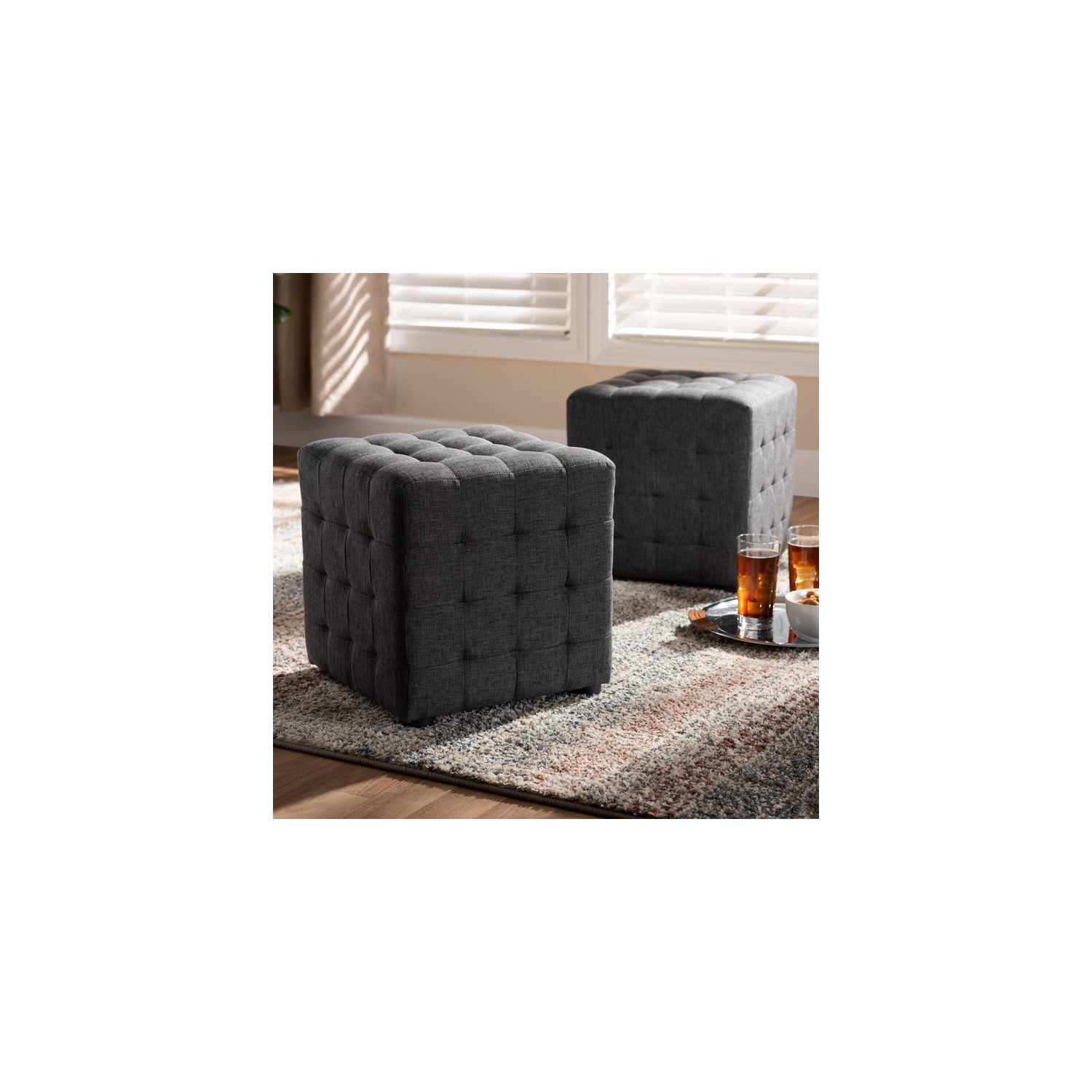 Gothic Grace 2-Piece Dark Grey Fabric Upholstered Tufted Cube Ottoman ...