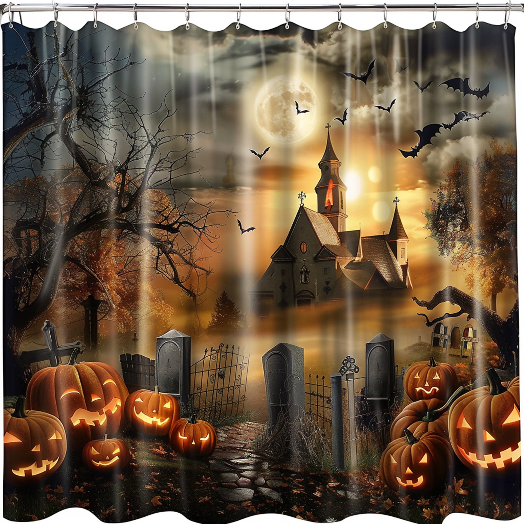 Gothic Halloween Church And Cemetery Shower Curtain With Spooky Landscape