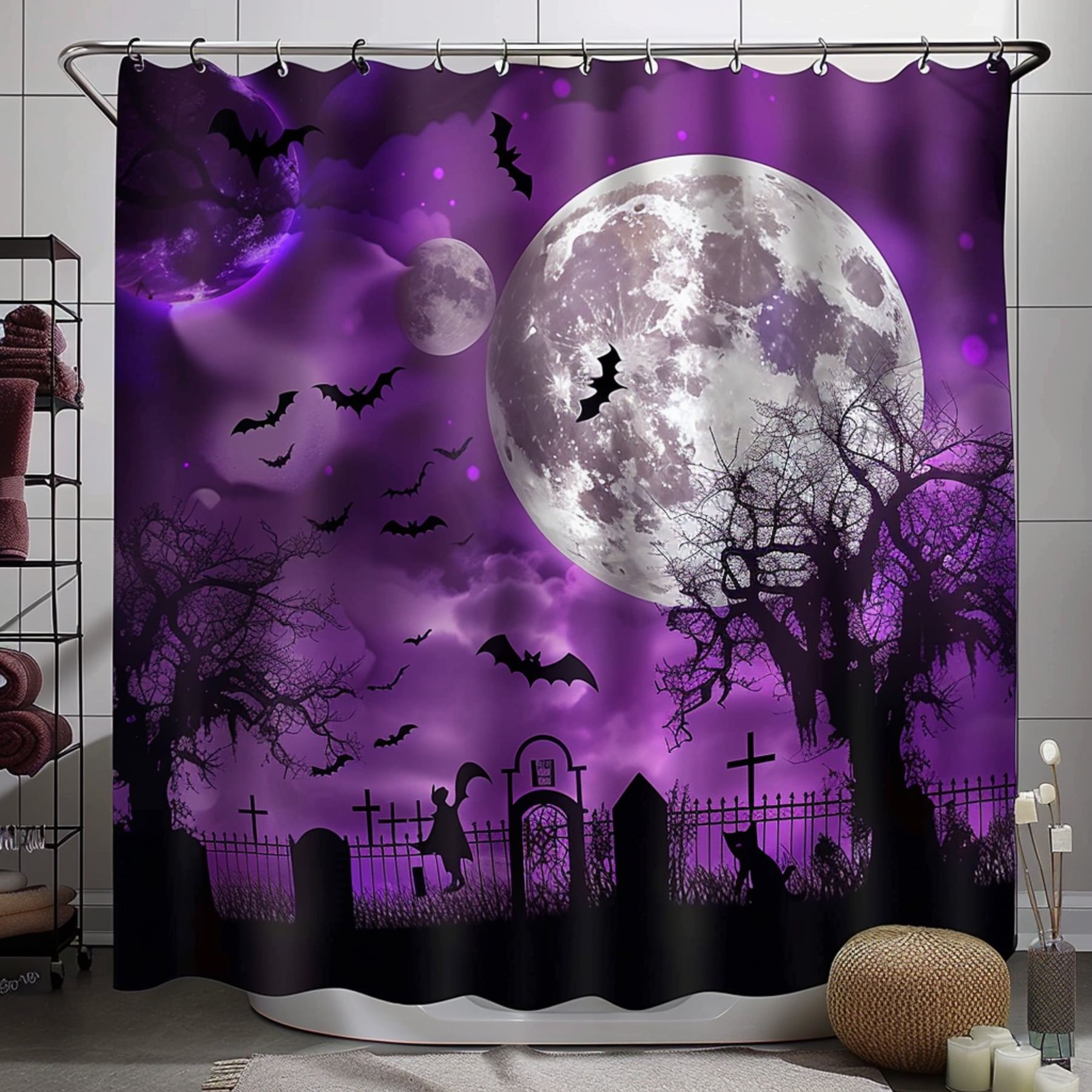 Gothic Halloween Night Shower Curtain Spooky Cemetery Moonlit Scene Bat