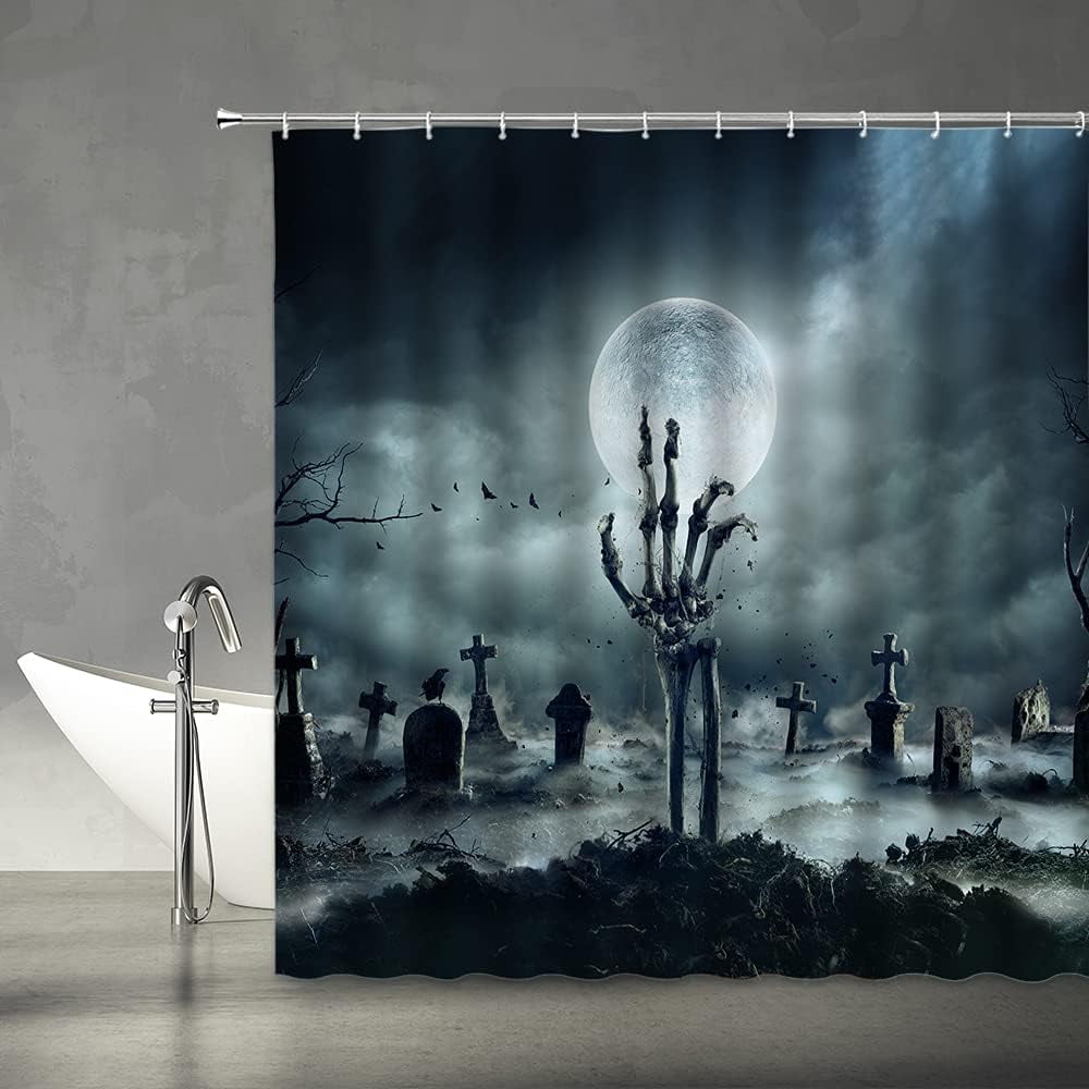 Gothic Halloween Shower Curtain Horror Pumpkin Cemetery Tombstone Full ...