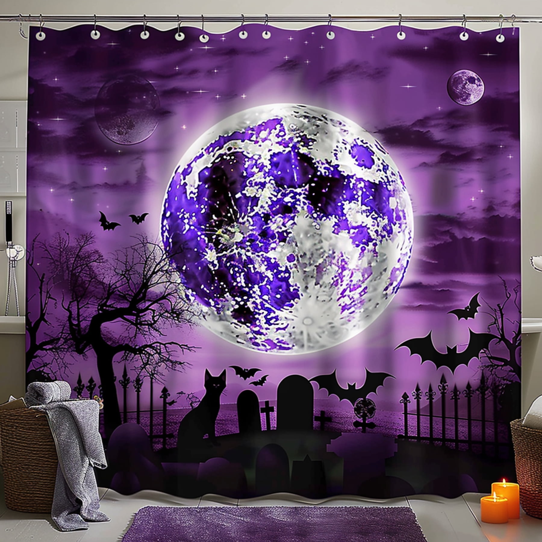 Gothic Halloween Shower Curtain with Purple Full Moon Cemetery Bat and ...